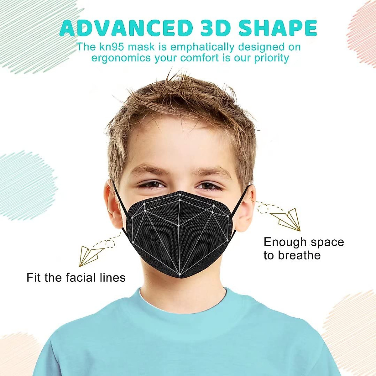 Kids Kn95 Disposable Face Masks - 50 Pack Breathable Protective Colored KN95 Children Face Masks，5 Layers Safety Cup Dust Masks Unisex Set for Girls Boys Multicolor-1
