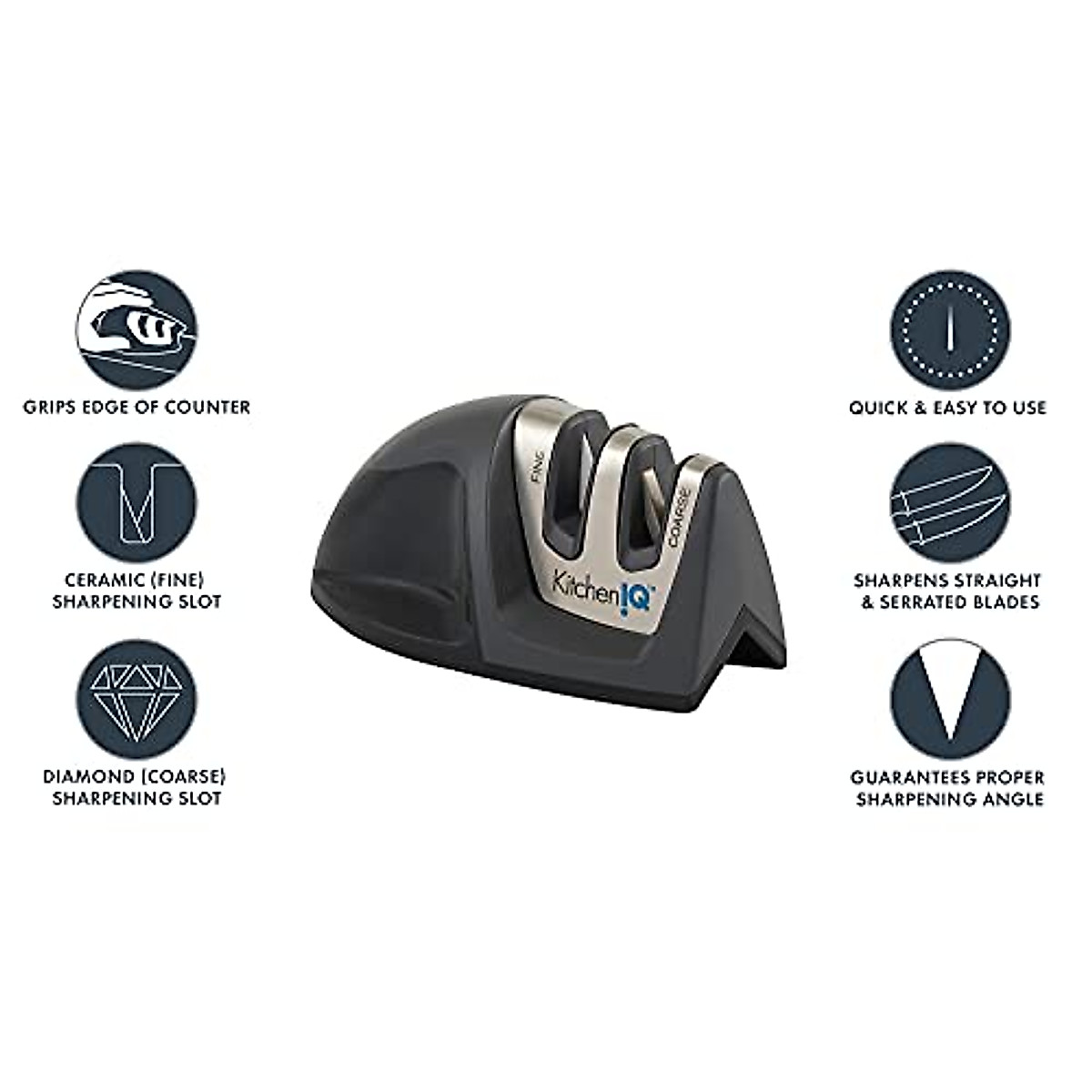KitchenIQ 50825 | Diamond Deluxe Edge Grip 2-Stage Knife Sharpener | Black | Coarse & Fine Sharpeners | Compact for Easy Storage | Non-Slip Base | Soft Grip Rubber Handle | Straight & Serrated Knives