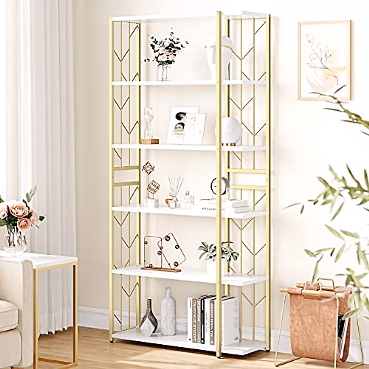 GAOMON 6 Tier Bookshelf Gold Bookcase Tall Standing Bookshelves Modern Storage Rack Shelf Large Unique Display Racks Metal Book Shelf for Bedroom, Living Room, Home Office