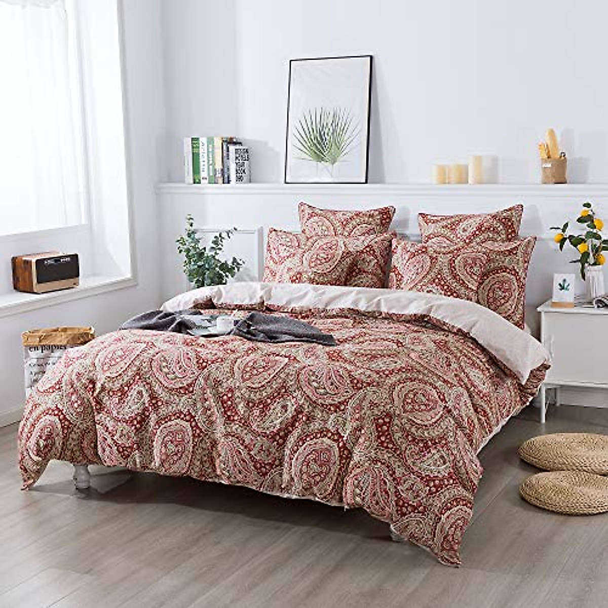 FADFAY Paisley Duvet Cover Set 100% Cotton Ultra Soft Red and Beige Reversible Paisley Bedding Set with Hidden Zipper Closure 3 Pieces, 1Duvet Cover & 2Pillowcases, King/California King Size