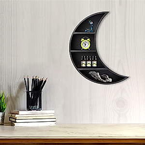 XBELMBER Crescent Moon Shelf, Wooden Moon Shelf for Crystals， Essential Oil Shelf- Wall Decor for Bedroom, Dorm, Living Room, Nursery （Black）