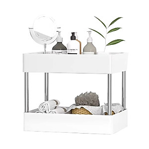 AntDesign Under Sink Organizer Kitchen Cabinet Storage, 2 Tiers Under Cabinet Bathroom Under Sink Shelf Basket Multi-purpose and Large Capacity with Hooks (White)