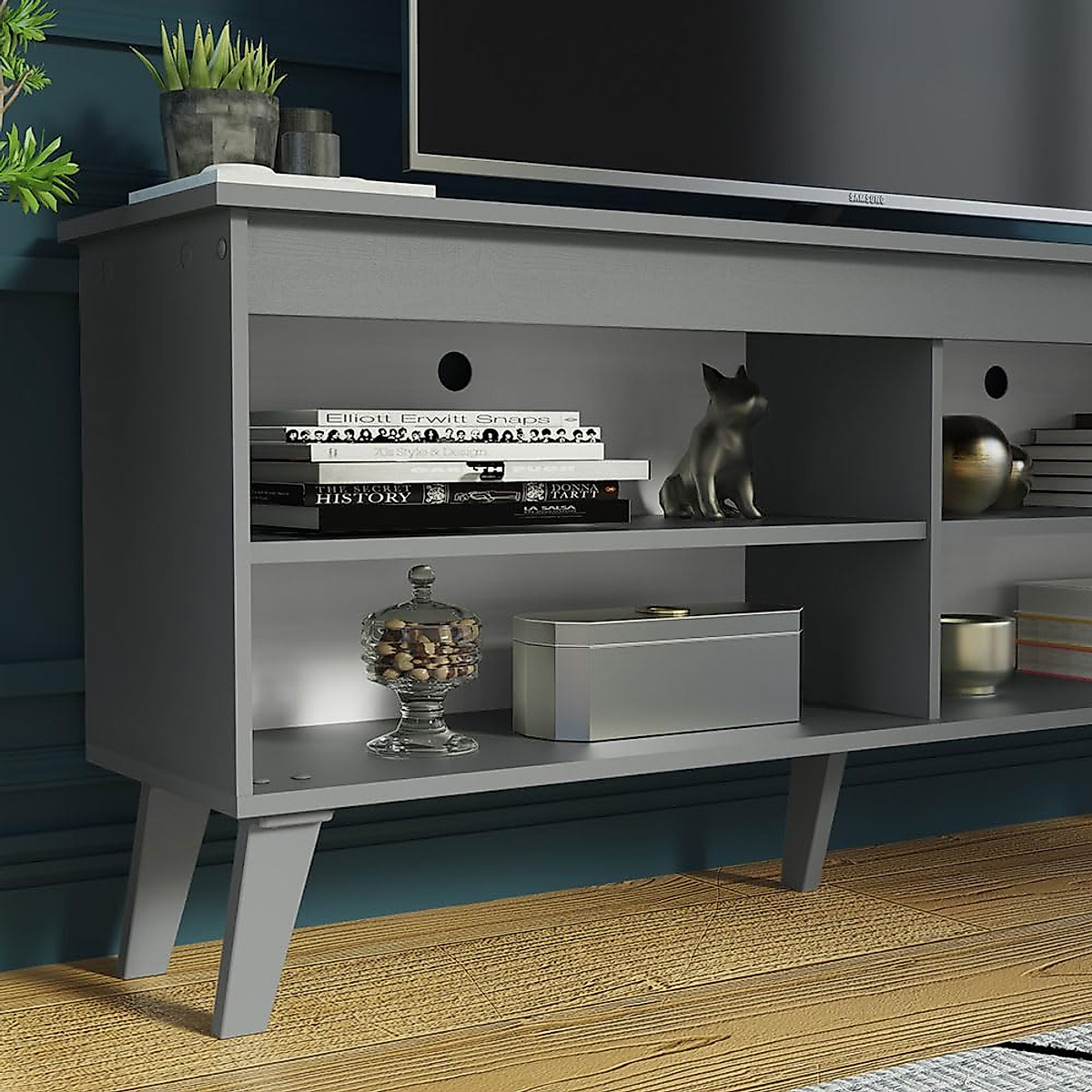 Madesa Compact TV Stand Cabinet with 4 Shelves and Cable Management for 50, 55 Inch TV Media Storage Unit Living Room and Bedroom Modern Wooden Television Media Console - Grey