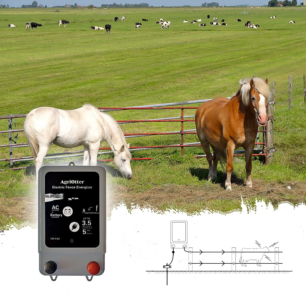 AgriOtter Electric Fence Energizer 20 Acre 2 in 1 Powered by Battery or AC Outlet 10000V 2J Pulse Electric