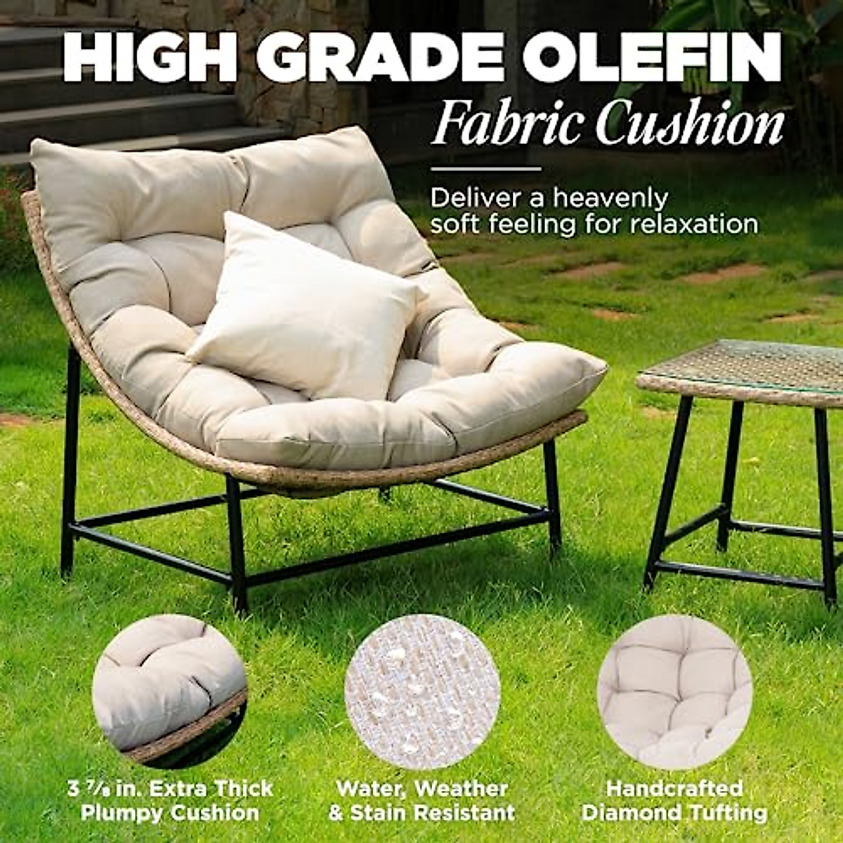 Idzo Caline Large Rattan Bistro Set Outdoor 3 Piece with Glass Side Table, Premium Olefin Thick Cushion, Upgraded 2000Hrs UV Resistant Wicker for Patio Use, Papasan Chair Design