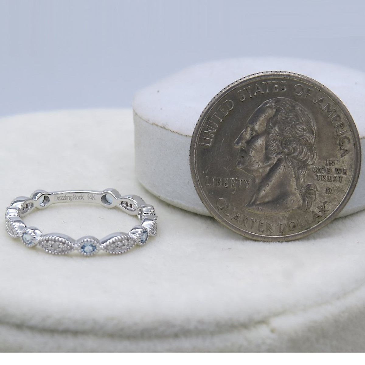 Dazzlingrock Collection Alternating Round Aquamarine & White Diamond 7 Stone Stackable Wedding Band Ring for Women in 14K White Gold, Size 8.5