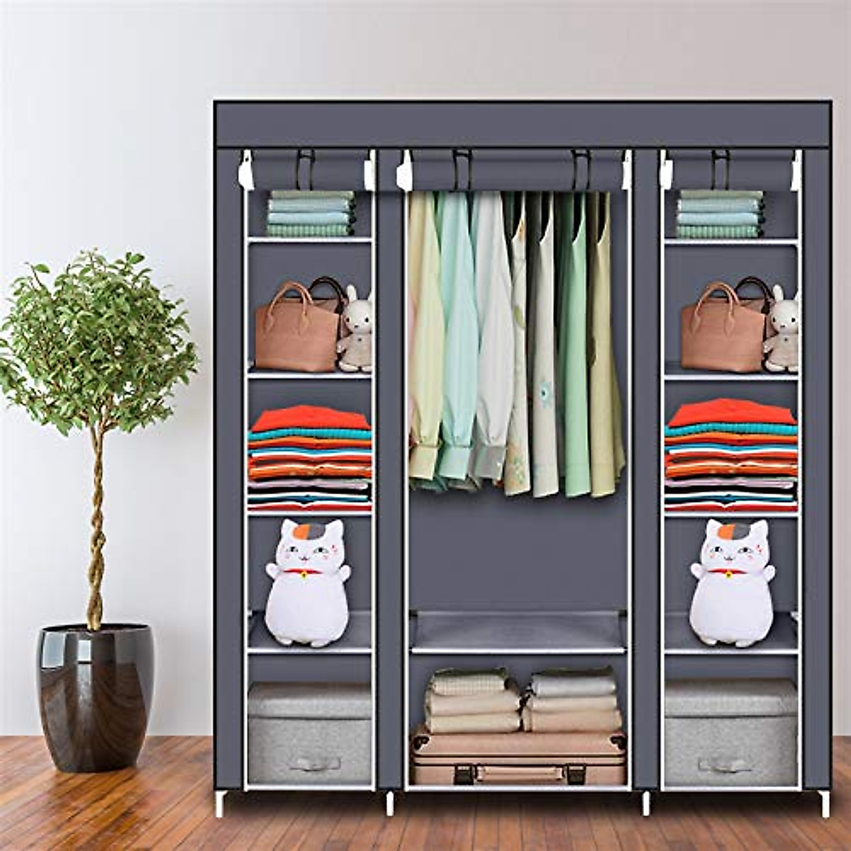 Knocbel 69" Tall Freestanding Closet Organzier Clothes Garment Rack Dustproof & Waterproof Fabric Cover with Storage Shelves & 1 Hanging Rod (Gray)