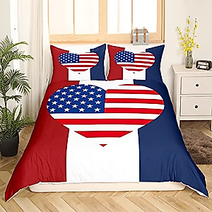 Erosebridal American Flag Duvet Cover Full, Flag Stars Stripes Bedding Set for Children, Independence Day American Flag USA Patriotic Heart Comforter Cover, United States Stripe Red Blue Quilt Cover