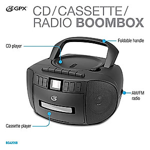 GPX BCA209B Portable Am/FM Boombox with CD and Cassette Player, Black