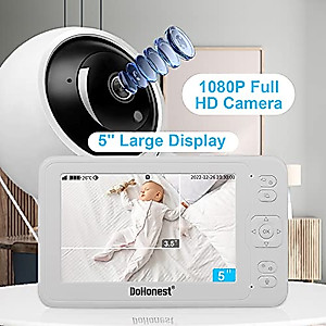 DoHonest Baby Monitor with Camera and Audio - HD 1080P 5" Color Screen Wireless Infant Video Camera Remote Pan No WiFi Night Vision 2-Way Talk Temperature 1000ft Range Ideal for Gifts