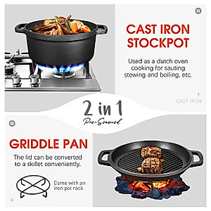 Pre-Seasoned Cast Iron 2-In-1 Heavy-Duty 5.5qt Dutch Oven With Skillet Lid Set, Oven,Grill, Stove Top, BBQ and Induction Safe