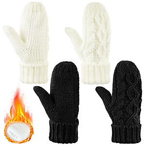 SATINIOR 2 Pairs Winter Gloves Thick Warm Soft Plush Convertible Flip Top Mittens Full Finger Gloves for Women Girls (White, Black, Simple Style)