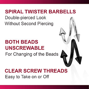 bodyjewellery 4pcs 16g Spiral Piercing Cartilage Earring Lip Tragus Eyebrow Hoop Helix Twisted Bar Surgical Steel Studs 3mm Spike Pick Size (4 Pcs(3/8 inch 10mm))
