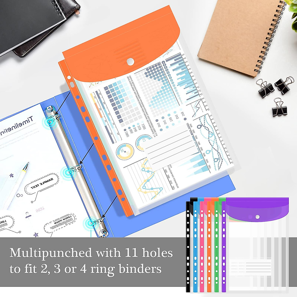 12 Pack Plastic Envelopes Binder Pocket 11 Holes Expandable Binder Folders for 2/3/4 Ring Document Pouch with Snap Button & Label Loose-Leaf Transparent for School Home Office (Vertical-Opening)