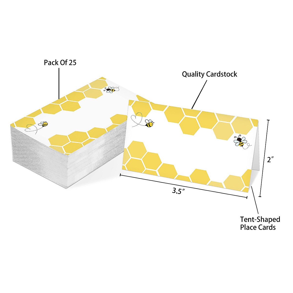 Table Place Card, Bumble Bee Themed Tent Style Cards, Pack of 25 Half-Fold Reception Place Cards, Perfect for Baby Showers, Party, Birthday and Special Events A34