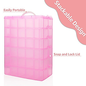 ACXFOND 6-Tier Stackable Storage Container Bead Organizer Box 60 Adjustable Compartments for Arts and Crafts, Toy, Fuse Beads, Washi Tapes, Beauty Supplies, Sewing Storage (Pink)