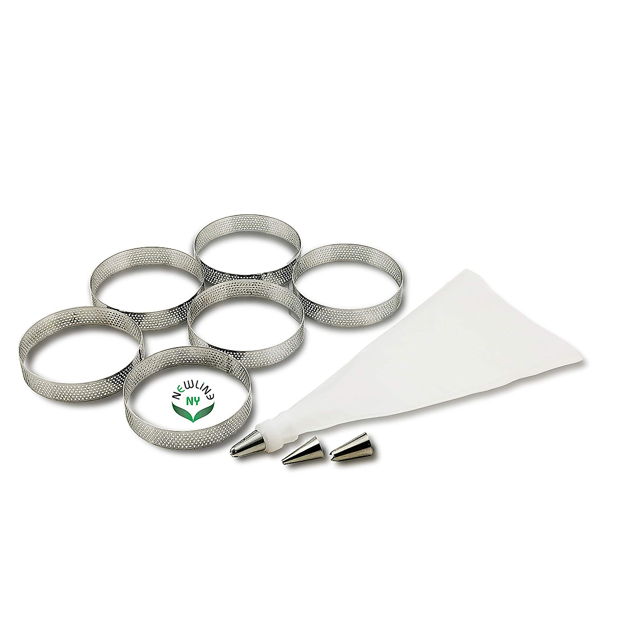 Newline NY Stainless Steel French Pastry Tart Ring Baking Kit - 6 Perforated Round Dessert Rings + 3 Nozzles + 1 Sample Decorating Piping Bag Kit