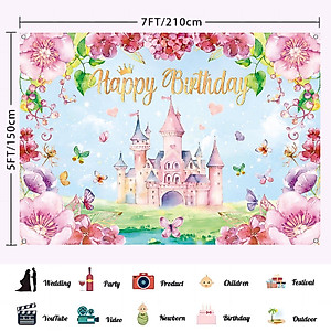 LDWLYW Princess Birthday Backdrop for Girls Happy Birthday Princess Castle Butterfly Backdrop Banner for Birthday Party Decorations Princess Theme Party Photo Backdrop Background Decor 7x5ft