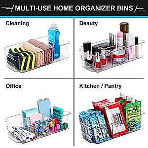 Set of 8 Multiuse Clear Organizing Bins with Removable Dividers - Snack, Food, Pantry Organization and Storage - Fridge Refrigerator Organizer Bins - Stackable Plastic Container for Home, Kitchen, RV