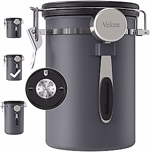 Veken Coffee Canister, Airtight Stainless Steel Kitchen Food Storage Container with Date Tracker and Scoop for Grounds Coffee, Beans, Tea, Flour, Cereal, Sugar, 22OZ, Gray