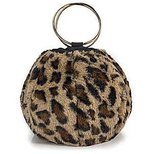 Fur Round Top Handle Bag Women Purse Ring Handle Clutch Chain Shoulder Handbag (Leopard Print)