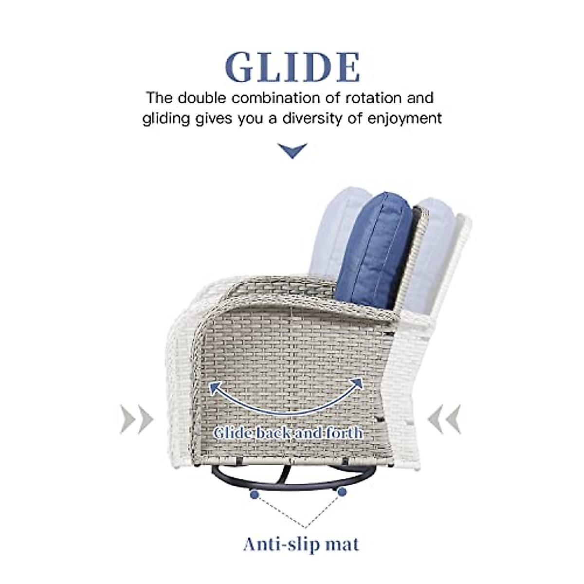 Belord Patio Swviel Glider Chairs Outdoor Swivel Rocker, Small Patio Bistro Set 3 Pieces Wicker Patio Furniture Sets, Swivel Patio Chairs Set of 2 with Tempered Glass Side Table, Blue Cushion