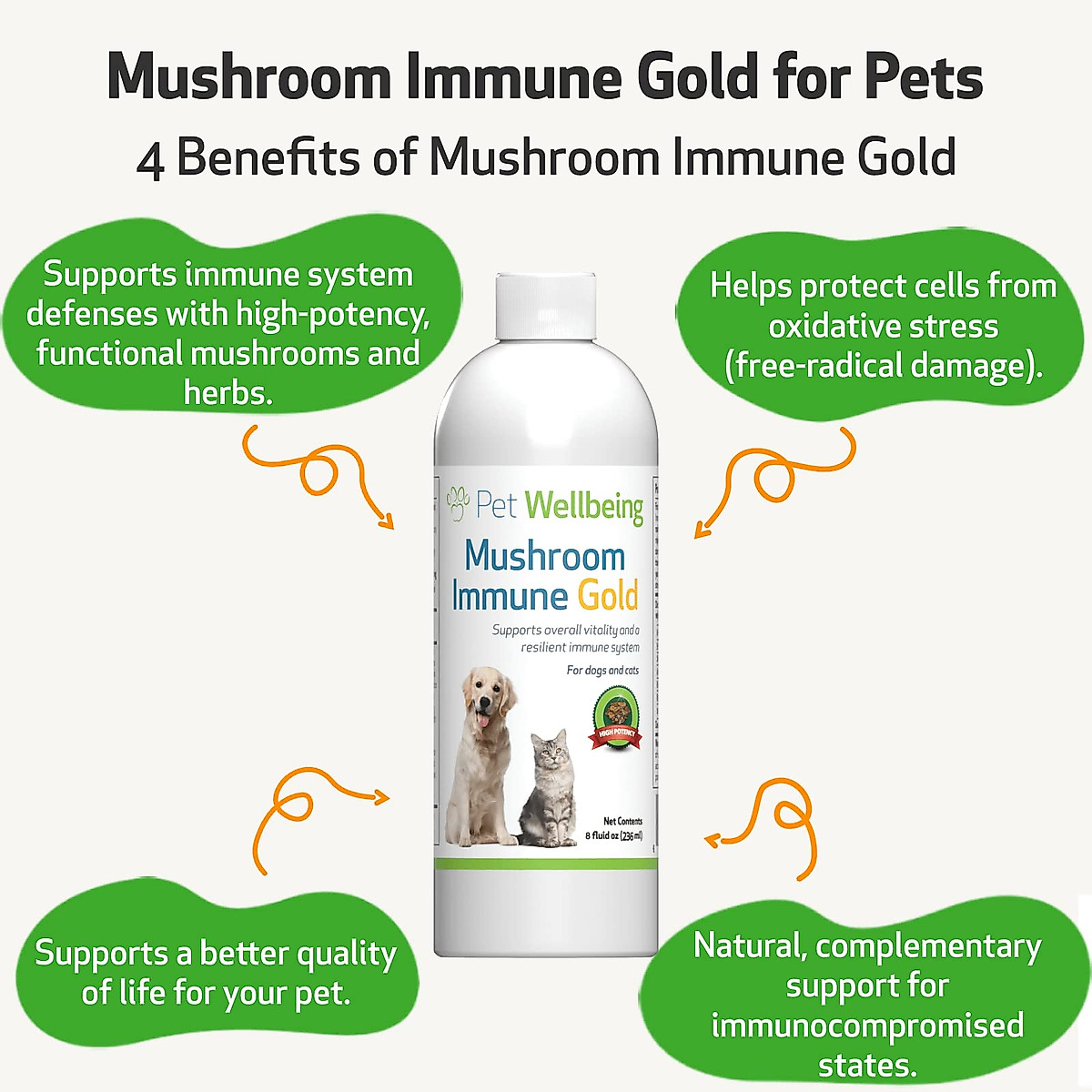 Pet Wellbeing - Mushroom Immune Gold - Natural Alternative Immune Support for Dogs and Cats - 8oz (237ml).