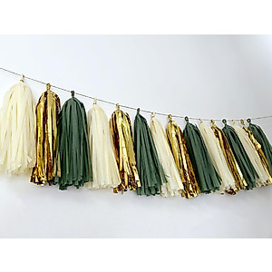 Autupy 20Pcs Sage Green Gold Mylar Tassels Garland Tissue Paper Tassels Banner DIY Kit Teal Tassel Garland Teal Gold Birthday Party Decorations for Women Men Boys Girls, Party Supplies
