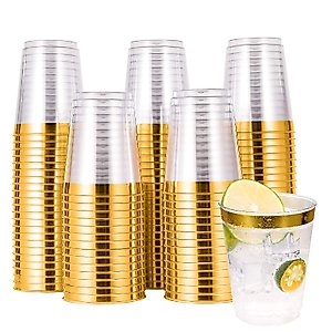 JOLLY CHEF 100 Pack 10 oz Gold Plastic Cups, Clear Plastic Glasses Tumblers, Elegant Gold Rimmed Disposable Cups Perfect for Weddings, Thanksgiving Day, Christmas