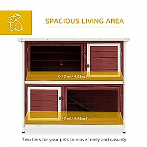 PawHut 48" 2-Story Wooden Rabbit Hutch Elevated Bunny Cage Small Animal Habitat Guinea Pig House with Ramp, No Leak Tray and Weatherproof & Openable Top, Outdoor/Indoor