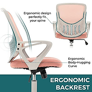 Home Office Desk Chair Ergonomic Computer Chair Modern Height Adjustable Swivel Chair Mesh Chair with Fixed Armrests/Lumbar Support, Pink