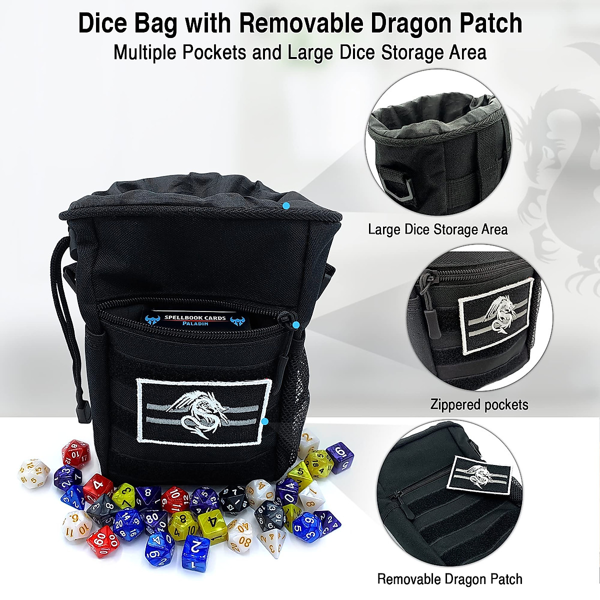Luck Lab DND Drawstring Dice Bag with Removable Dragon Patch - Multiple Pockets and Large Dice Storage Area (200 + dice) for Dungeons and Dragons (d&d),RPG, MTG and All Table Top Gaming- Black