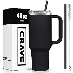 Crave Cups 40oz Tumbler With Handle And Straw l Insulated Stainless Steel Double Wall Spill Proof Water Bottle Travel Mug l Cupholder Friendly Vacuum Sealed Tumblers With Lid (Black)