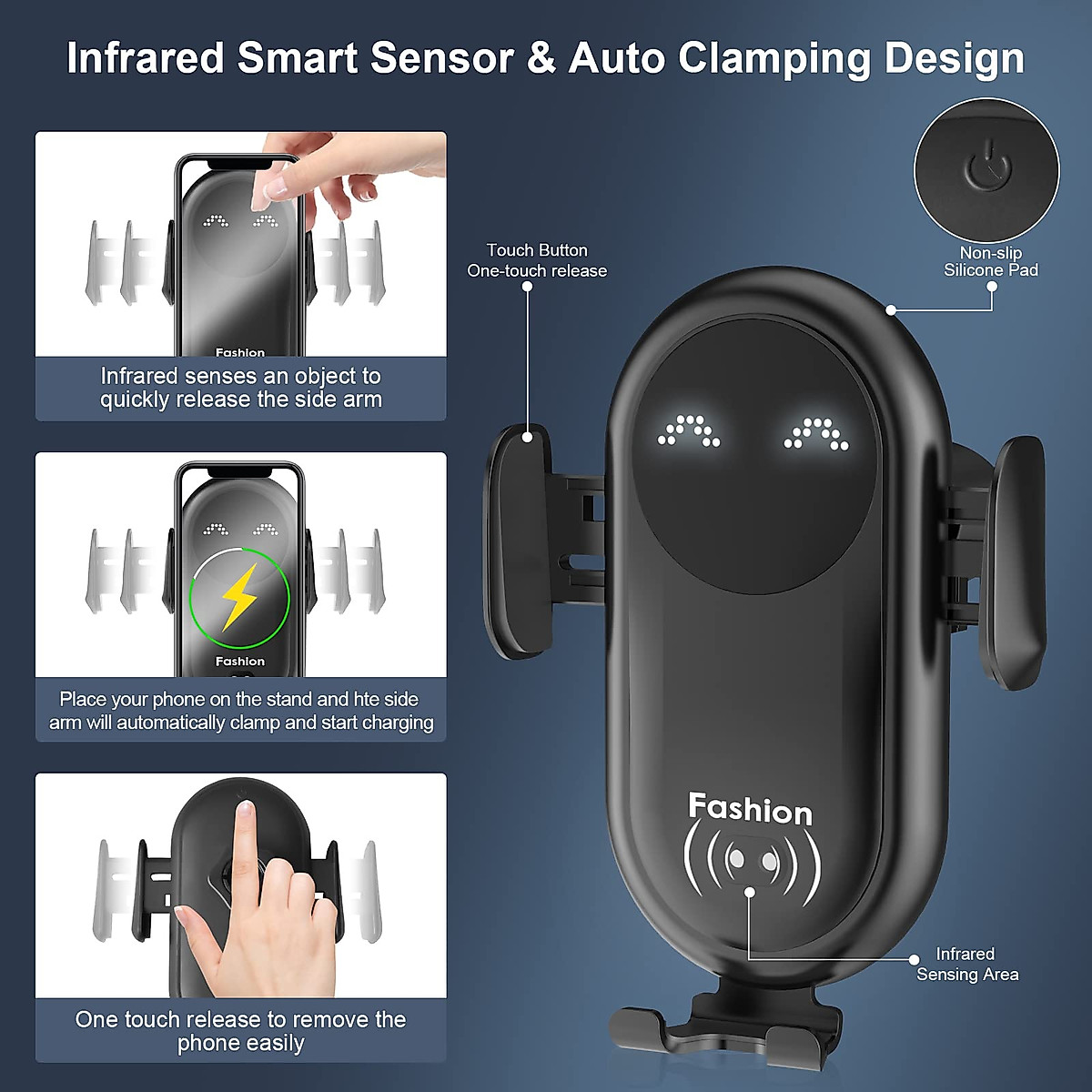 2022 Smart Wireless Car Charger Phone Holder, Wireless Auto Sensing Cell Phone Car Chargers Holder Car Phone Holder Compatible for iPhone13/12 11/ Pro/XS/XR/ 8 Plus, Samsung S10 /S9 / Note10 / Note9