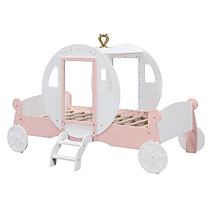 DEINPPA Twin Size Princess Bed with Crown, Wood Carriage Shaped Platform Car Bed with Stair, for Kids Girls Toddler, White+Pink