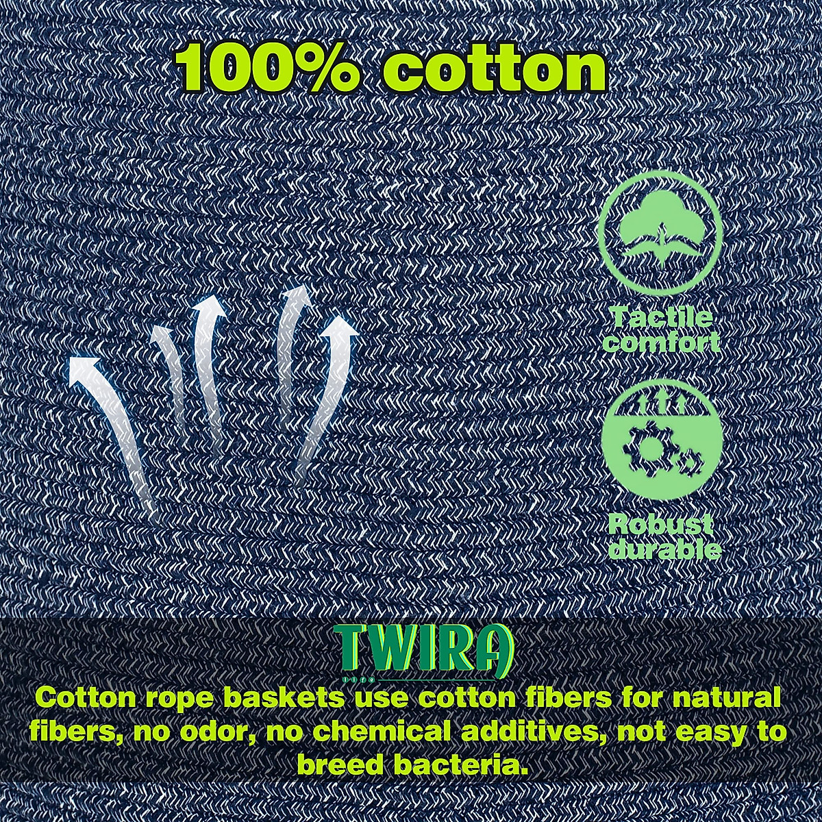 Twira Extra Large 20x16 Inches Cotton Rope Basket, Woven Baby Laundry Blanket Basket with Leather Handle Toy Basket Storage Baskets Bin for Yoga Mat & Towel (Blue）