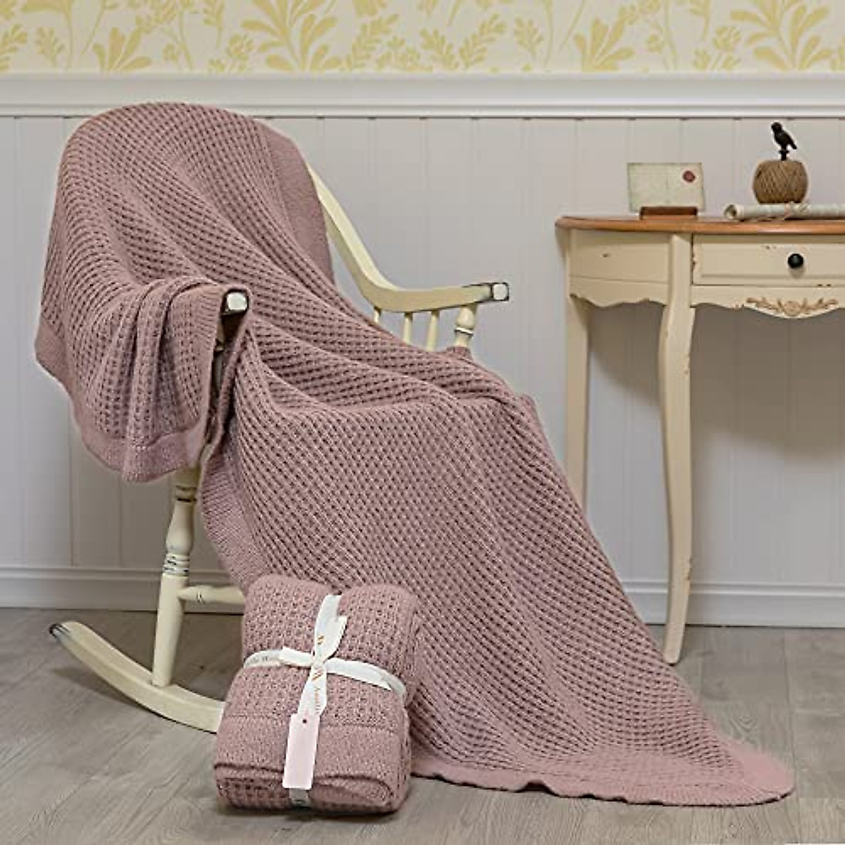 Amélie Home Soft Cozy Waffle Knit Throw Blanket with Ruffled Fringe, Decorative Lightweight Knitted Throw Blankets for Couch Bed Sofa (Misty Rose, 50'' x 60'')