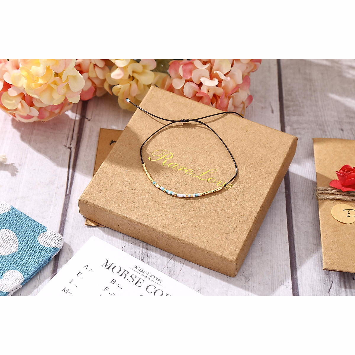 RareLove Teacher Gifts Morse Code Beaded Bracelet Appreciation Gift for Women Waterproof Secret Message Birthday Gifts for Teachers from Student Gold Blue White Tiny Pony Seed Beads Black String