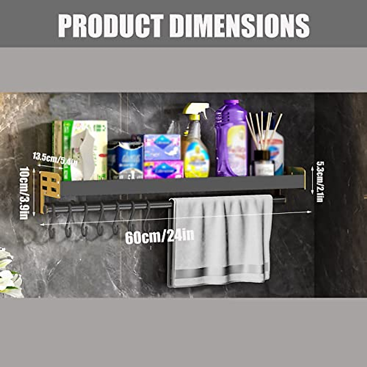 24HOCL Floating Shelves Wall Mounted with 7 Removable S Hooks, Adhesive/Drill Installation Wall Shelves for Bedroom/Bathroom/Living Room/Kitchen/Laundry Room, Storage & Decoration, Black/Gold