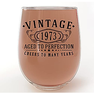 Vintage 1973 Printed 17oz Stemless Wine Glass – Happy 50th Birthday Gifts Women Men, Cheers to 50 Years, Turning 50 Year Old Woman Decorations Decor, Anniversary Bday Party Favors, Best Gift Ideas Her