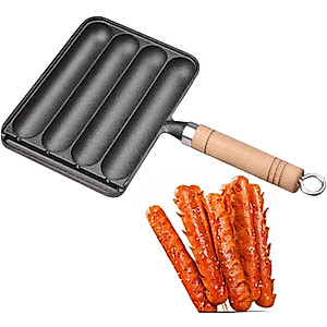 Sfocgoi Sausage Grill Pan, Cast Iron Sausage Pan, Non Stick Baking Tray With Anti Scald Wooden Handle, Sausage Pan Hot Dog Grill Pan-A