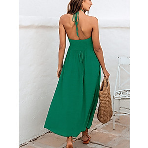 CUPSHE Women's Backless Beach Dress Halter Neck Ruffle Plunge V Neck Sleeveless Maxi Sundress Summer Dresses, Green M