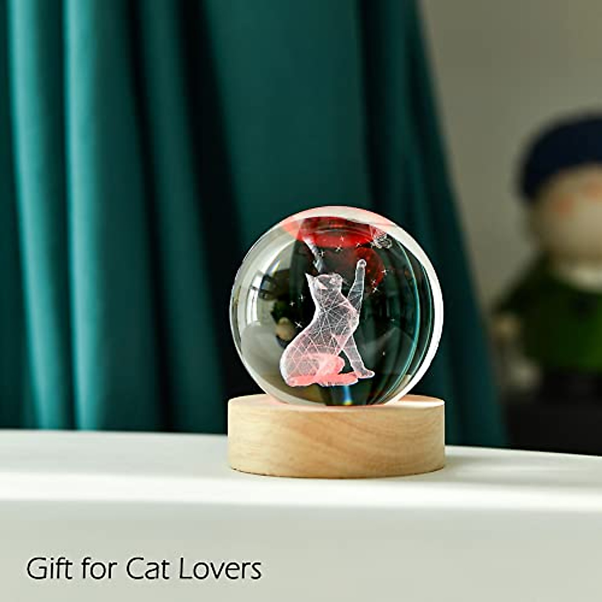 Cat Lover Gifts for Women 3D Cat Figurines in Crystal Ball 60mm Decor Cat Collectibles Snow Globes Gift Glass Sphere Home Decor with Wooden Light Base