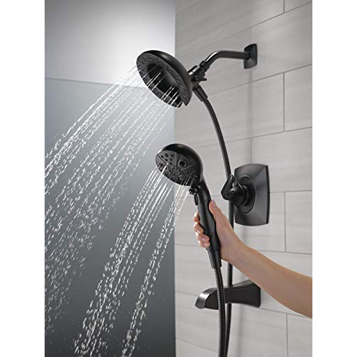 Delta Faucet Vesna 14 Series Single-Handle Shower Trim Kit with 5-Spray H2Okinetic In2ition Dual Hand Held Shower Head with Hose, Matte Black 144789-BL-I (Valve Included)