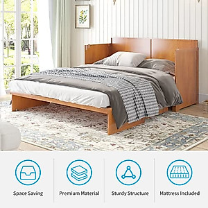 Mjkone Murphy Bed, Queen Murphy Cabinet Bed with Foldaway High Elasticity Foam Mattress Murphy Chest Bed with Large Storage Drawers Murphy Bed Cube Cabinet with USB Charging Station, Cherry