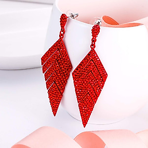 EVER FAITH Women's Crystal Elegant Banquet Multi-layered Rhombus Dangle Pierced Earrings Red Red-Tone
