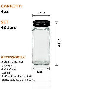 48 Pcs Glass Spice Jars with Labels and Black Lids 4oz Spice Container Set Seasoning Bottles with Blank and Printed Labels, Shaker Lids, Collapsible Funnel and Brush Included
