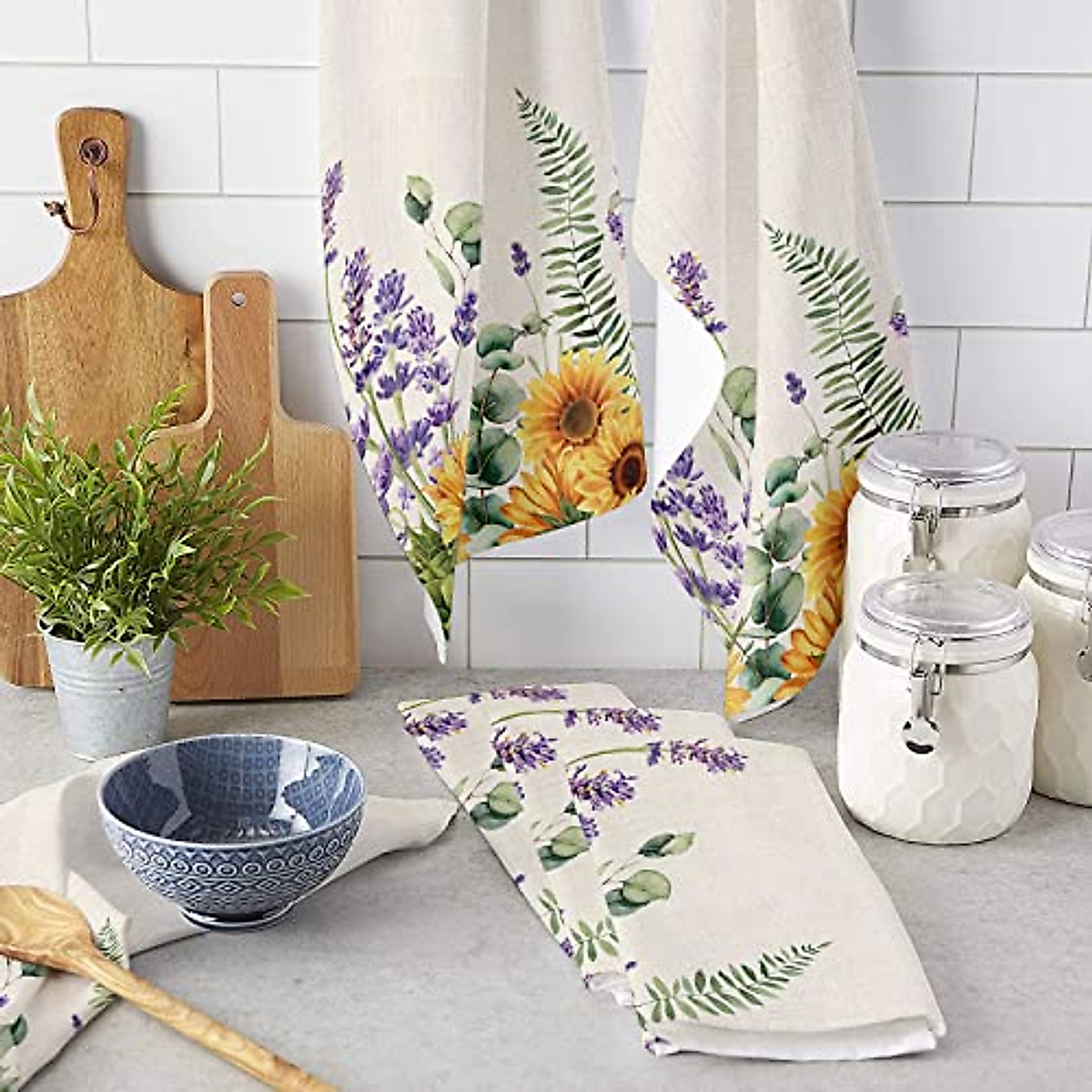 Kitchen Towels Set of 2 Green Leave Tea Dish Towels and Dishcloths Sets Decorative Tea Towel Yellow Sunflower Purple Lavender Absorbent Hand Towels for Kitchen Drying Bathroom Decor Gift 18x28 Inch
