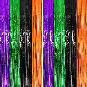 2 Packs 3.3ft x 8.2ft Halloween Purple Green Black Orange Tinsel Foil Fringe Curtains, Metallic Foil Curtains for Home Outdoor Halloween Party Photo Booth Props Decorations