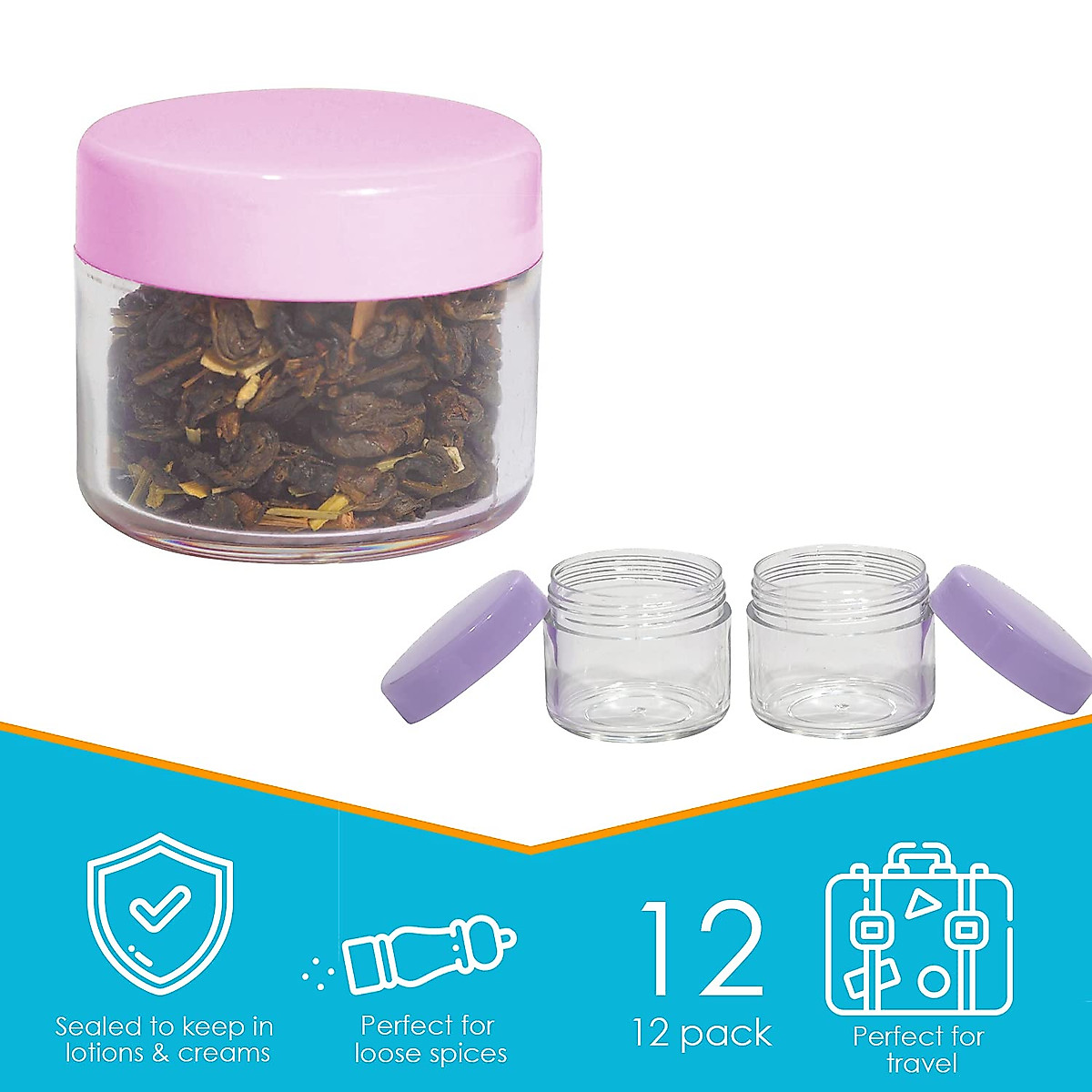 Houseables 20 Gram Jar, 20 ML Jar, 12 pcs, Multicolor, BPA Free, Cosmetic Sample Empty Container, Plastic, Round Pot Screw Cap Lid, Small Tiny 20g Bottle, for Make Up, Eye Shadow, Nails, Powder, Gems